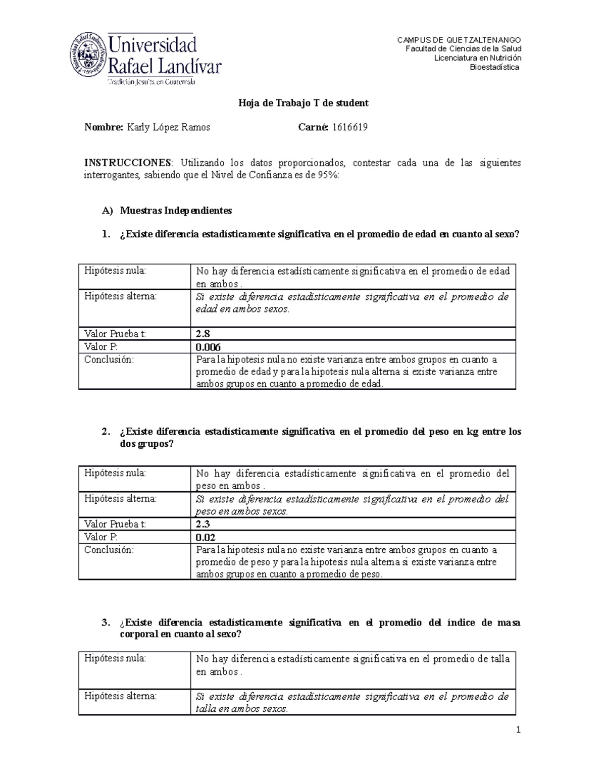 hoja T student 2021 - CAMPUS DE QUETZALTENANGO Facultad de Ciencias de ...