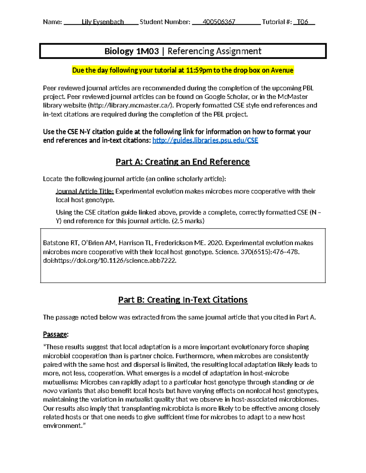 Tutorial 1 Assignment - Referencing - W24 - Name: Lily Eysenbach Student Number: 400506367 ...