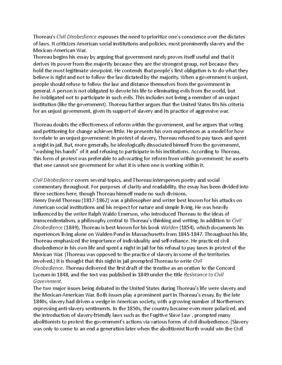 Philosophy 192 - Lecture Notes - Thoreau's Civil Disobedience espouses ...