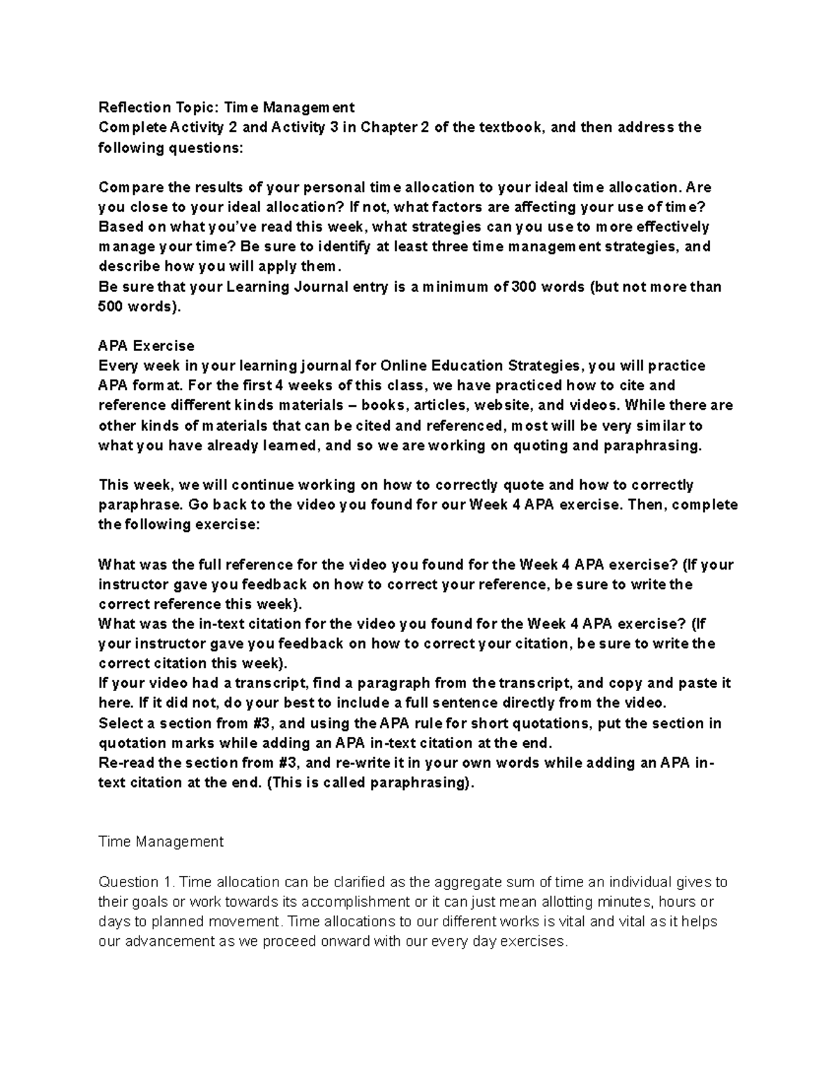 Univ 1001 - Learning Journal Unit 7 - Reflection Topic: Time Management ...