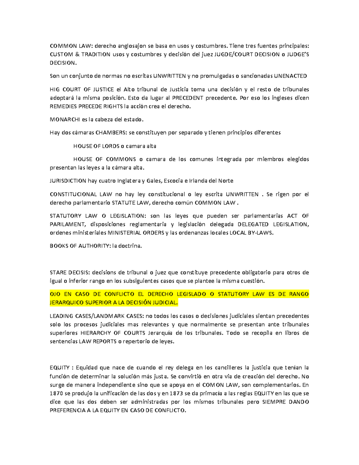 Resumen Ingles Juridico I - COMMON LAW: derecho anglosajon se basa en ...