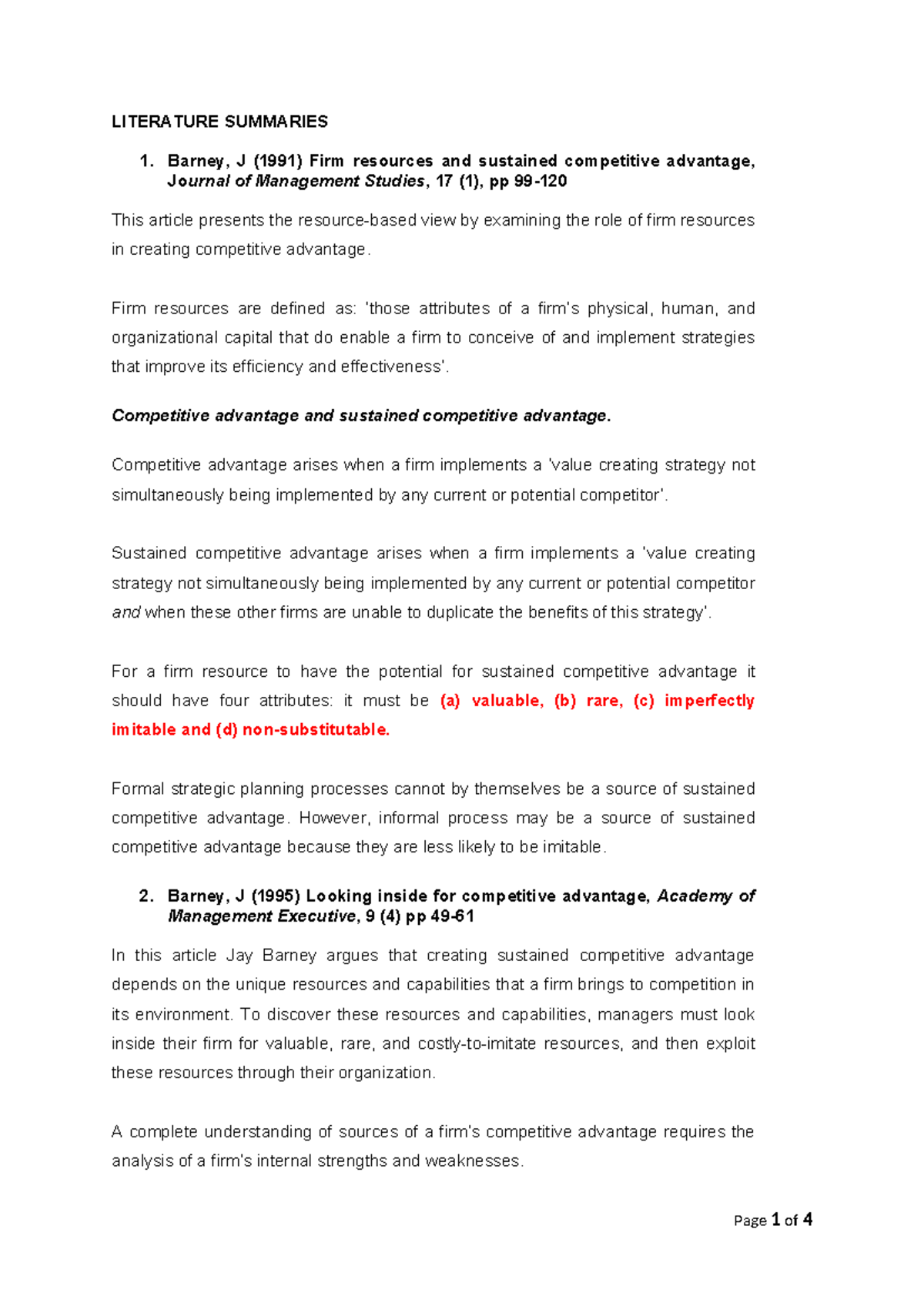 Week 1 Lit Summary Notes Literature Summaries 1 Barney J 1991 Firm Resources And Sustained