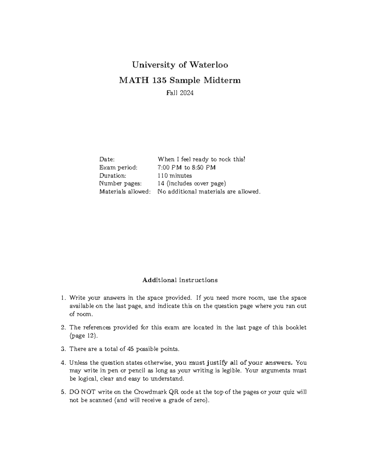 2024 Sample Midterm Answers - University of Waterloo MATH 135 Sample ...