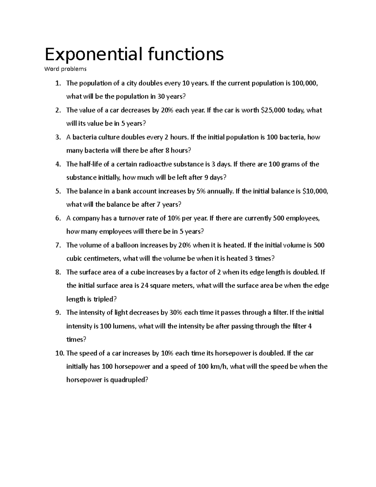 Exponential functions - Exponential functions Word problems The ...