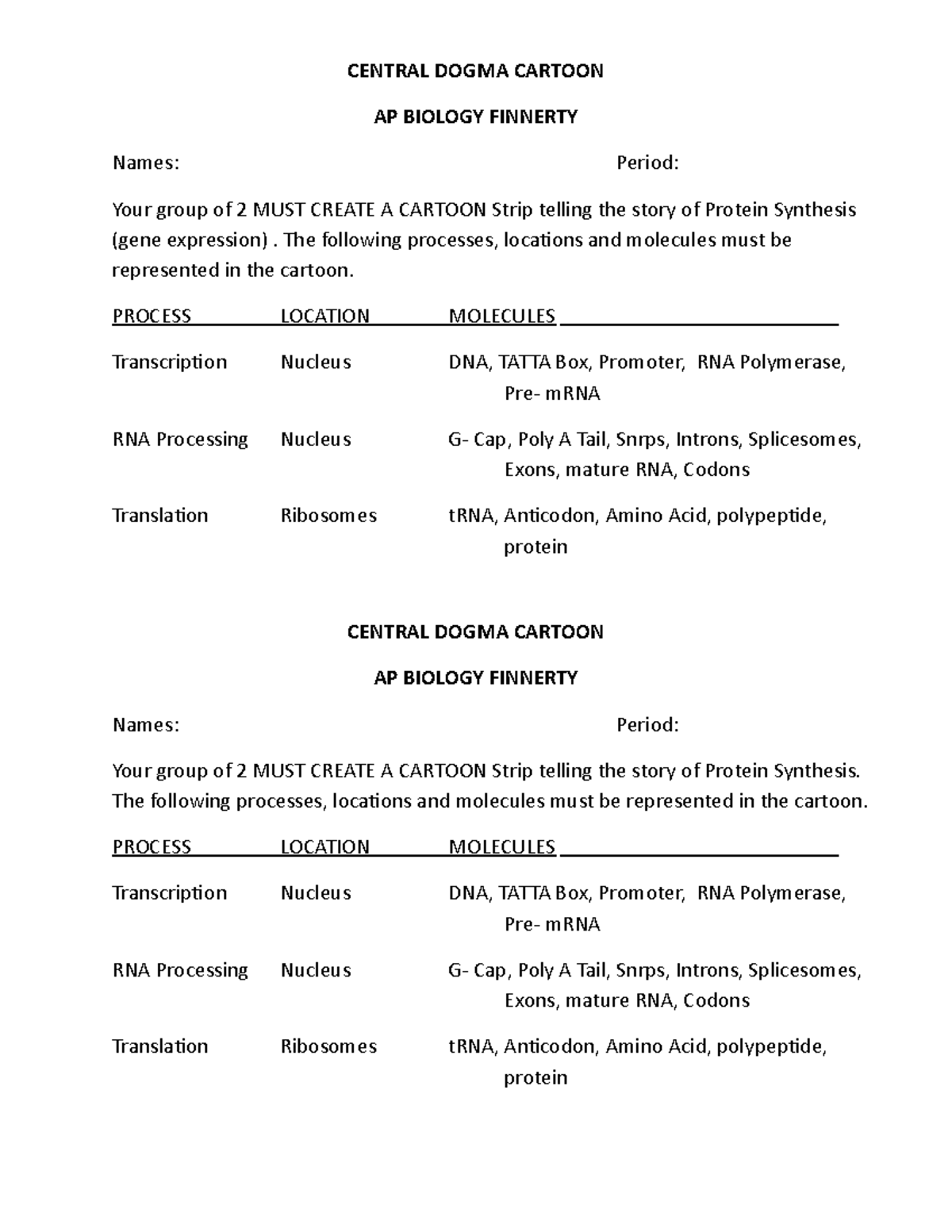 Transcription Cartoon - CENTRAL DOGMA CARTOON AP BIOLOGY FINNERTY Names ...