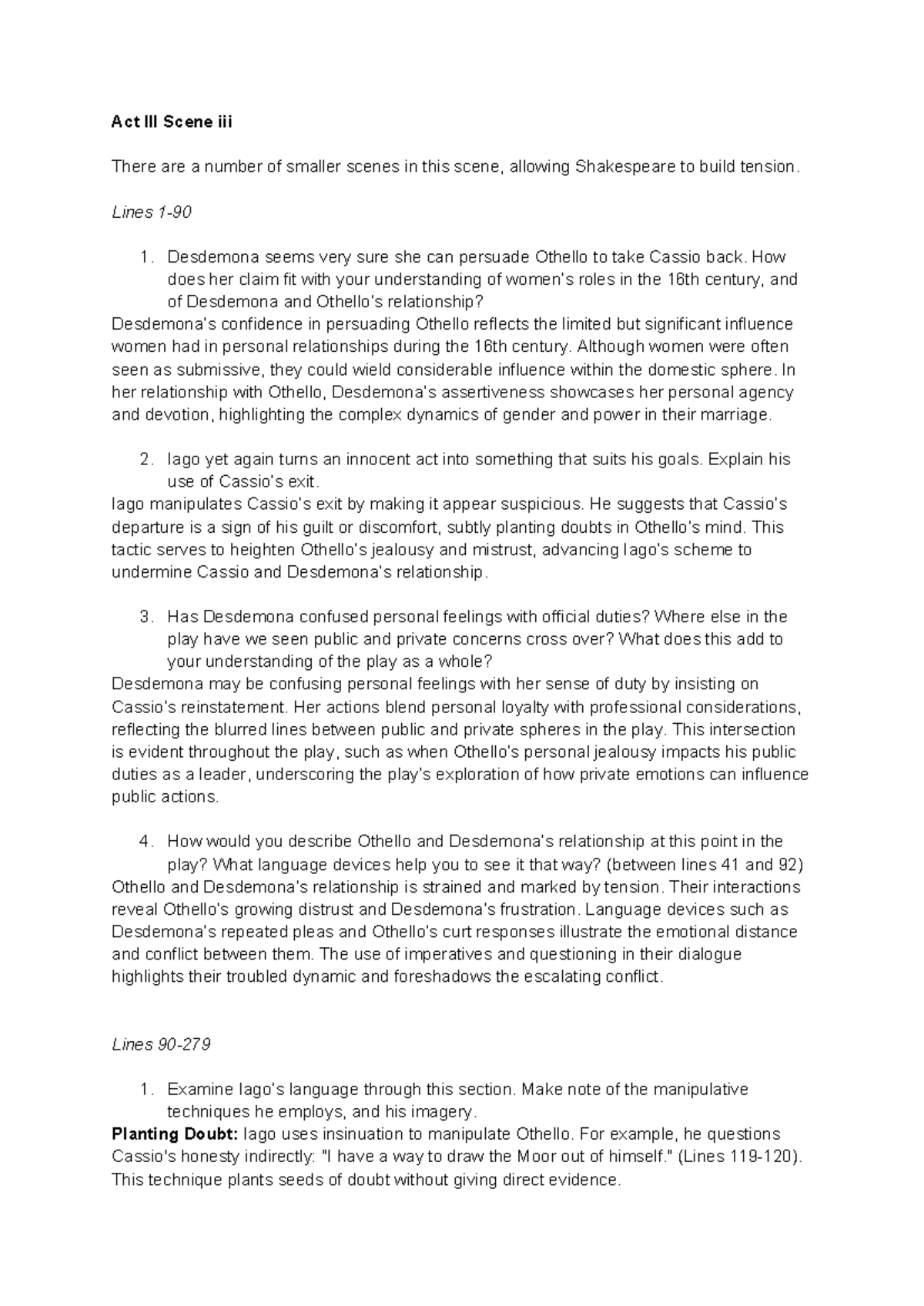 Othello Questions - Act III Scene iii There are a number of smaller ...