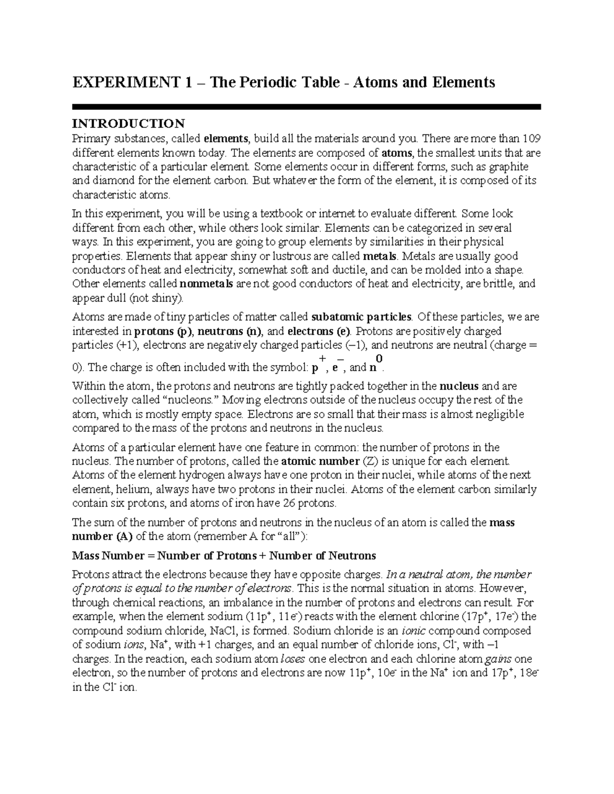 Inorganic Chem Lab1 RJL - EXPERIMENT 1 – The Periodic Table - Atoms and ...