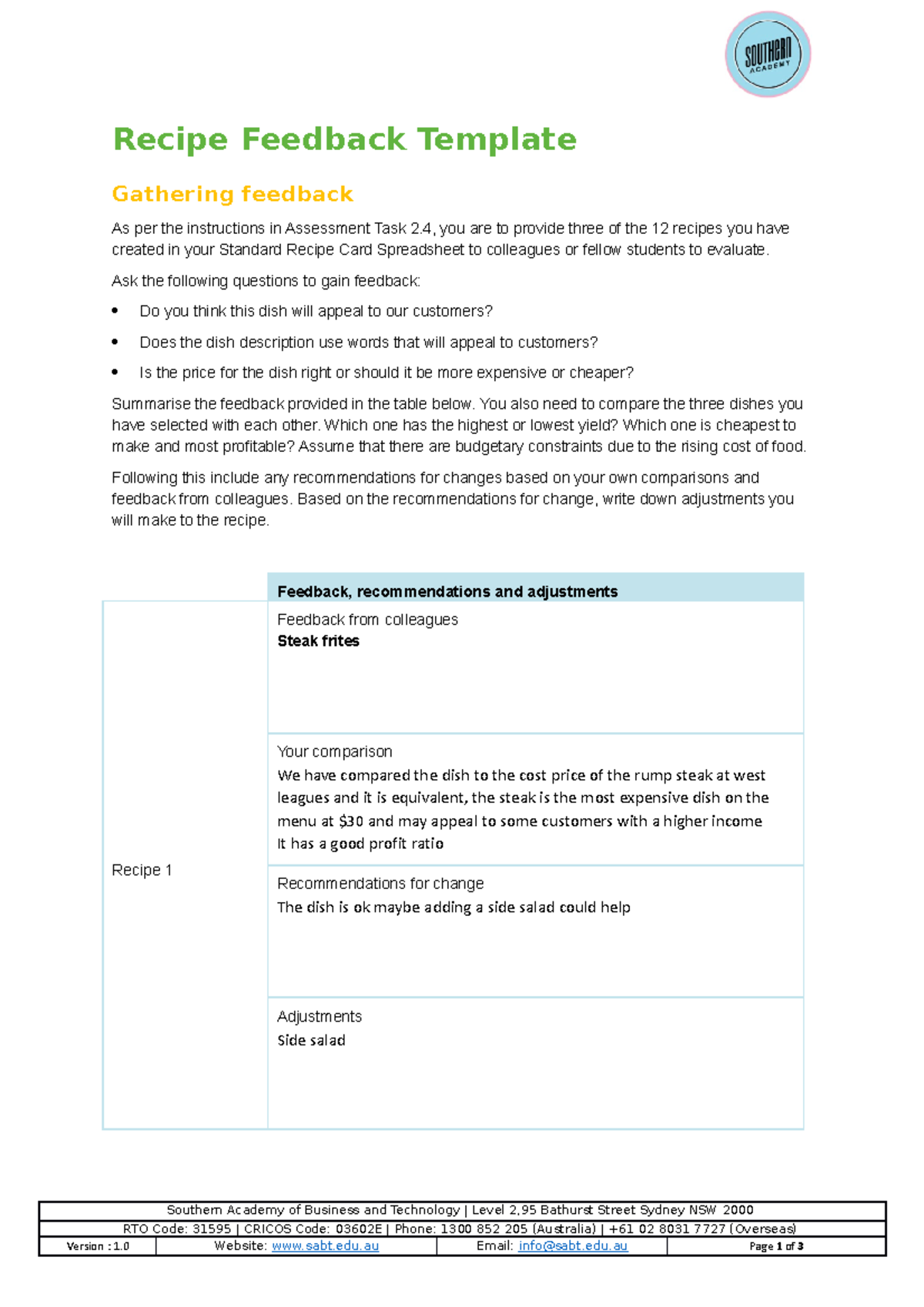 Sithkop 010 Recipe Feedback Template bimarsha - Recipe Feedback ...