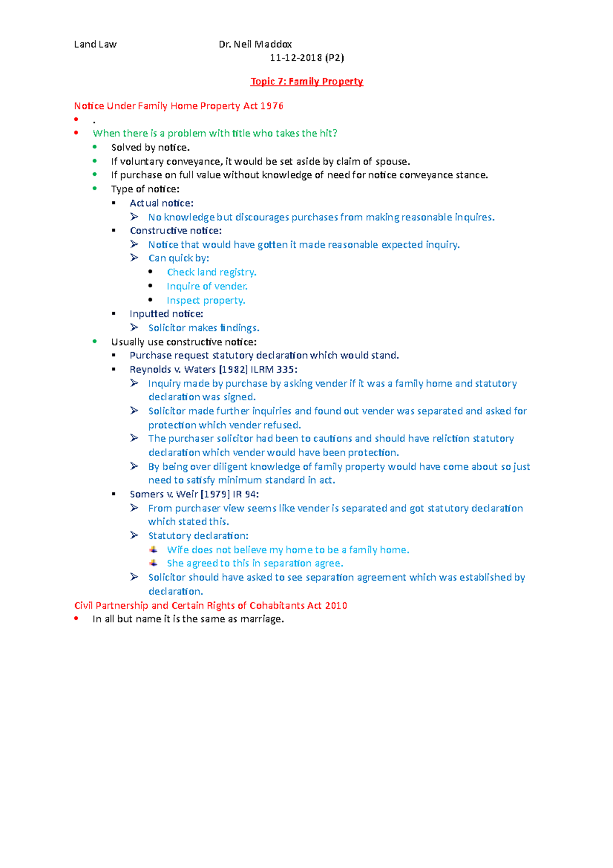 Lecture 22- 11-12-2018 (P2) - Land Law Dr. Neil Maddox 11-12-2018 (P2 ...