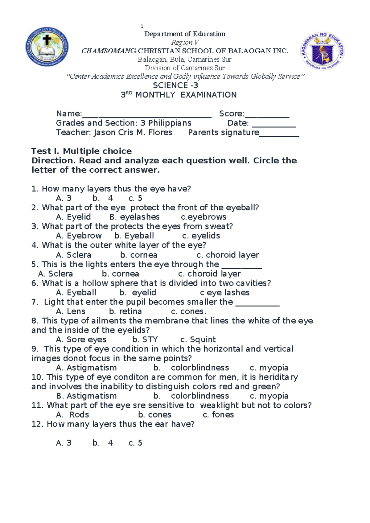Science - EXAM - 1 Department of Education Region V CHAMSOMANG ...