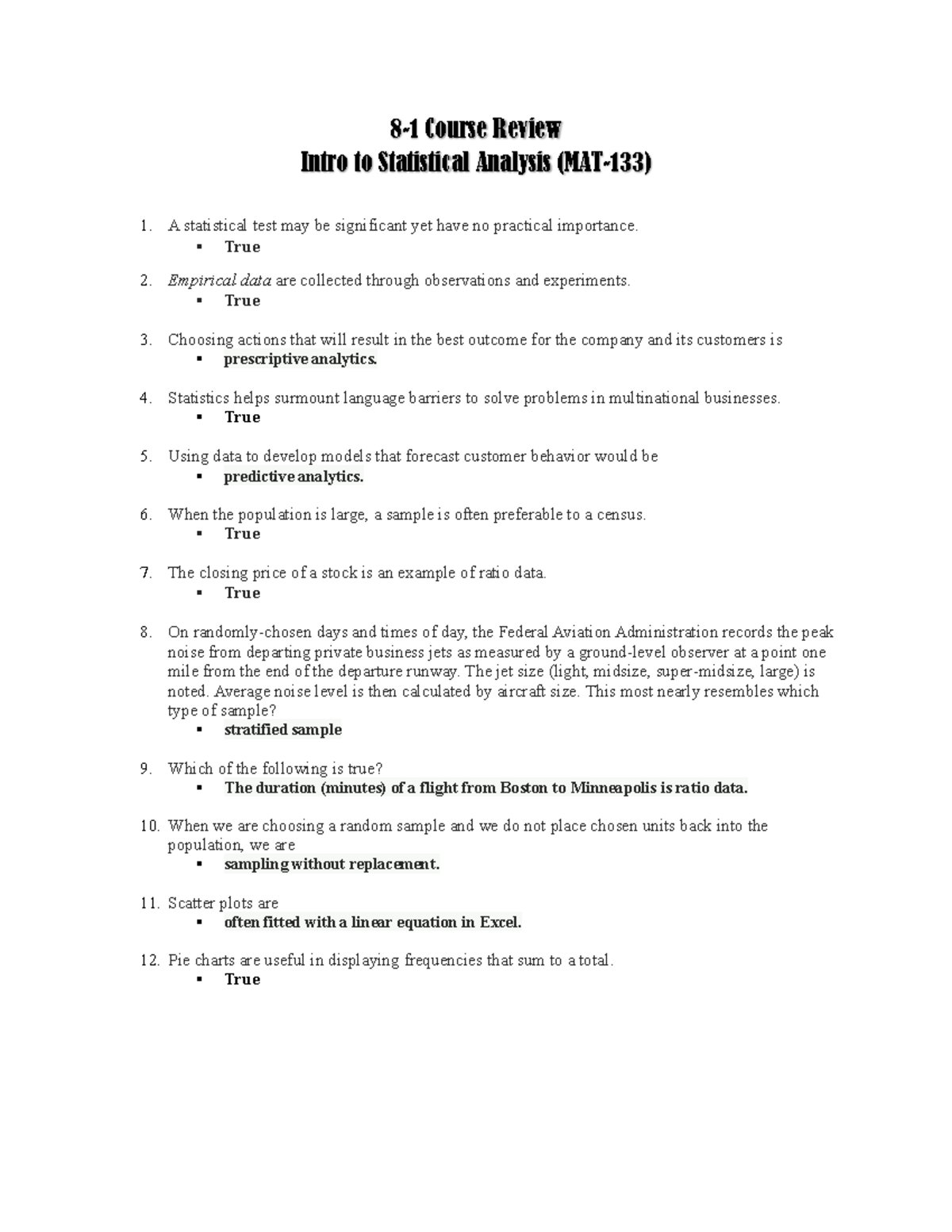 8-1 Course Review - 8 - 1 Course Review Intro to Statistical Analysis ...