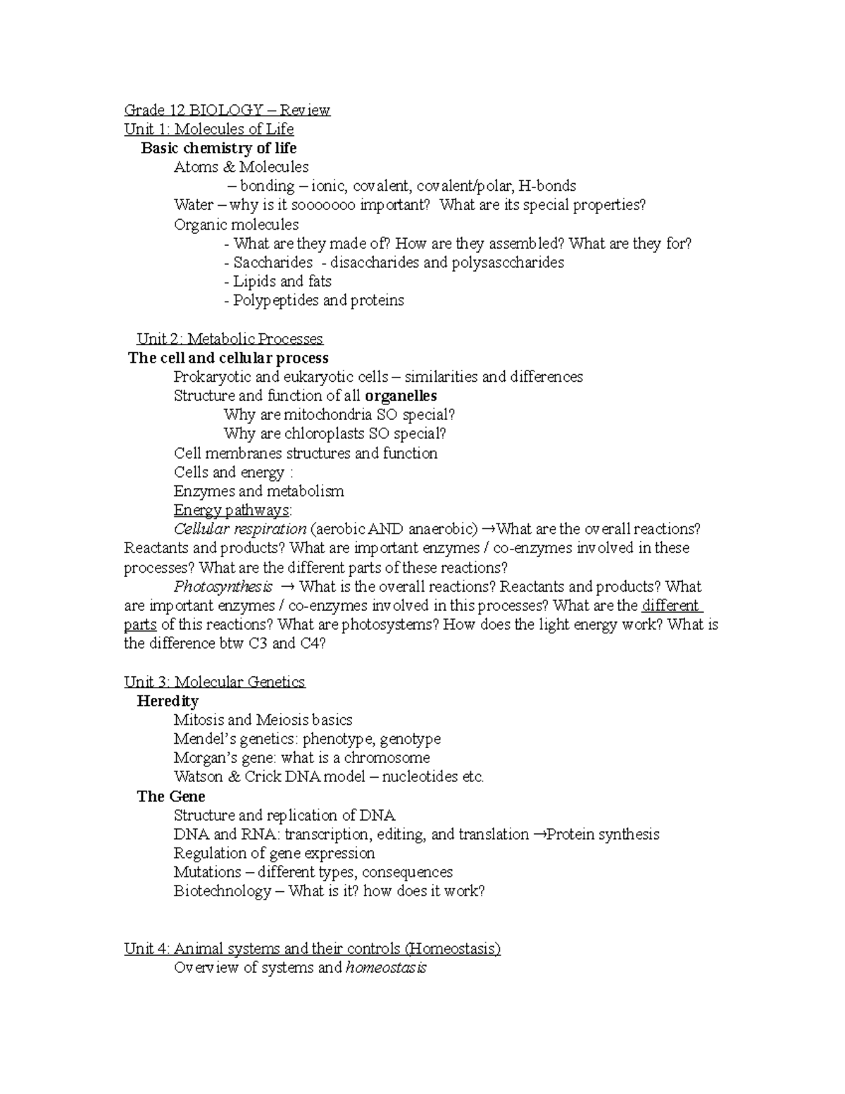 Grade 12 U Level Biology content - Grade 12 BIOLOGY – Review Unit 1 ...
