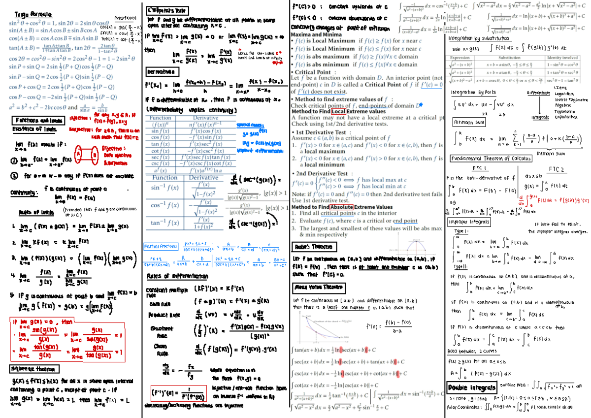MA1521 Cheat sheet - MA1521 - r = r = e = I · : 4 ⑤ t ↑ : : d : E W i · · t E : F · · : E · E E ...