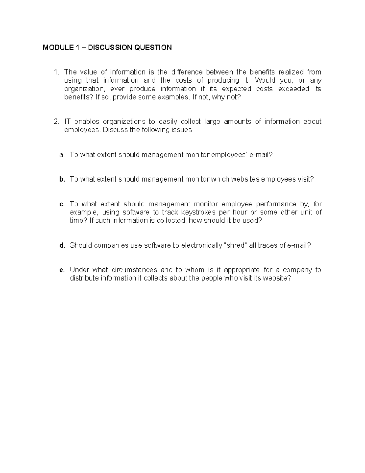 Module 1 Exercises - Acct 315 - MODULE 1 – DISCUSSION QUESTION The ...