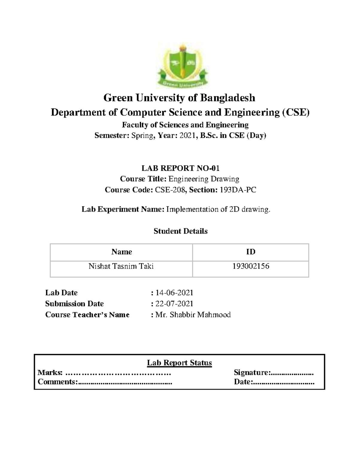 LAB Report-01 193002156 - Green University of Bangladesh Department of ...