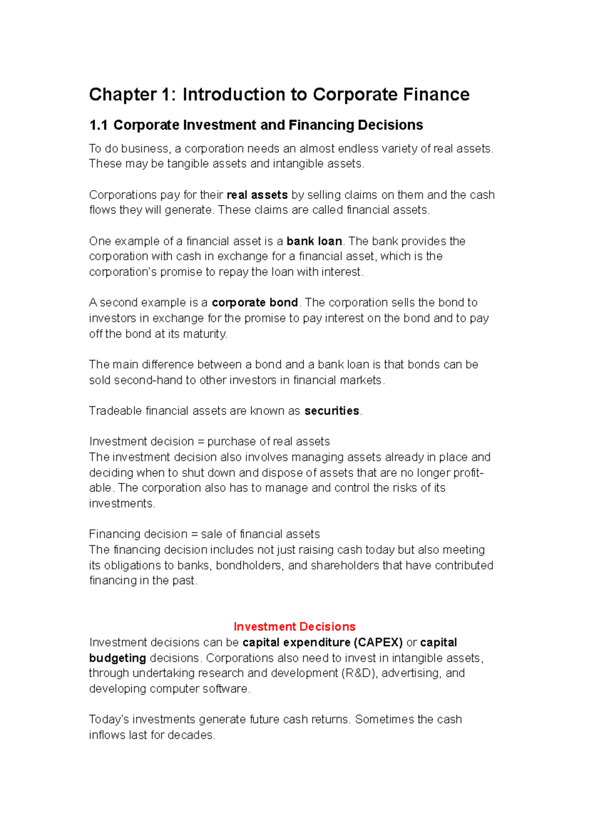 FINC2011 Notes - Chapter 1: Introduction to Corporate Finance 1 ...