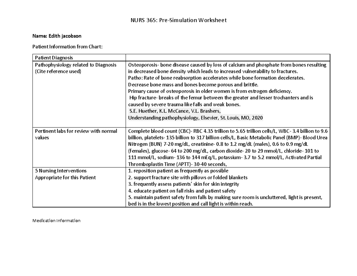 Pre-Simulation Worksheet(5) - NURS 365: Pre-Simulation Worksheet Name ...