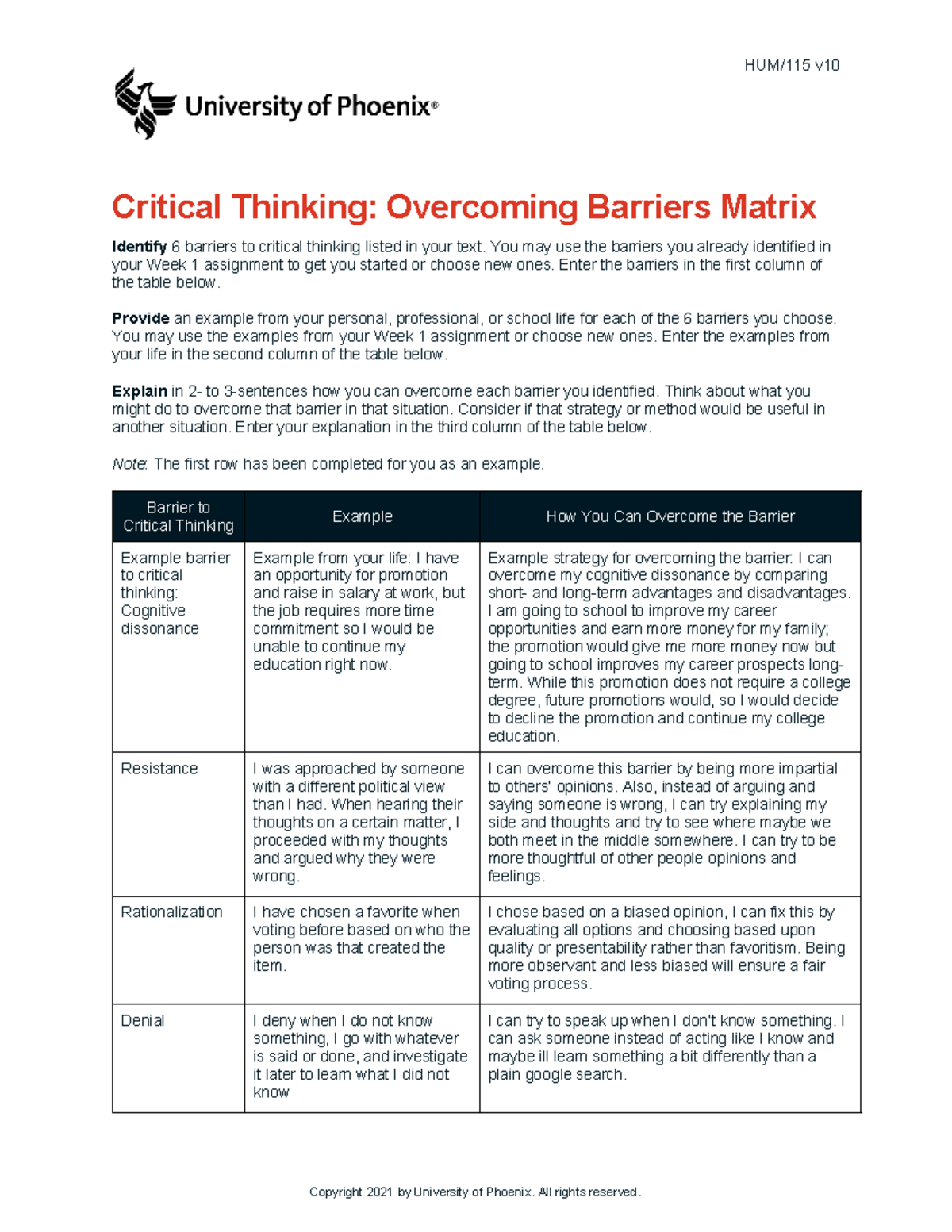 Hum115 v10 wk3 critical thinking overcoming barriers matrix - HUM/115 v ...