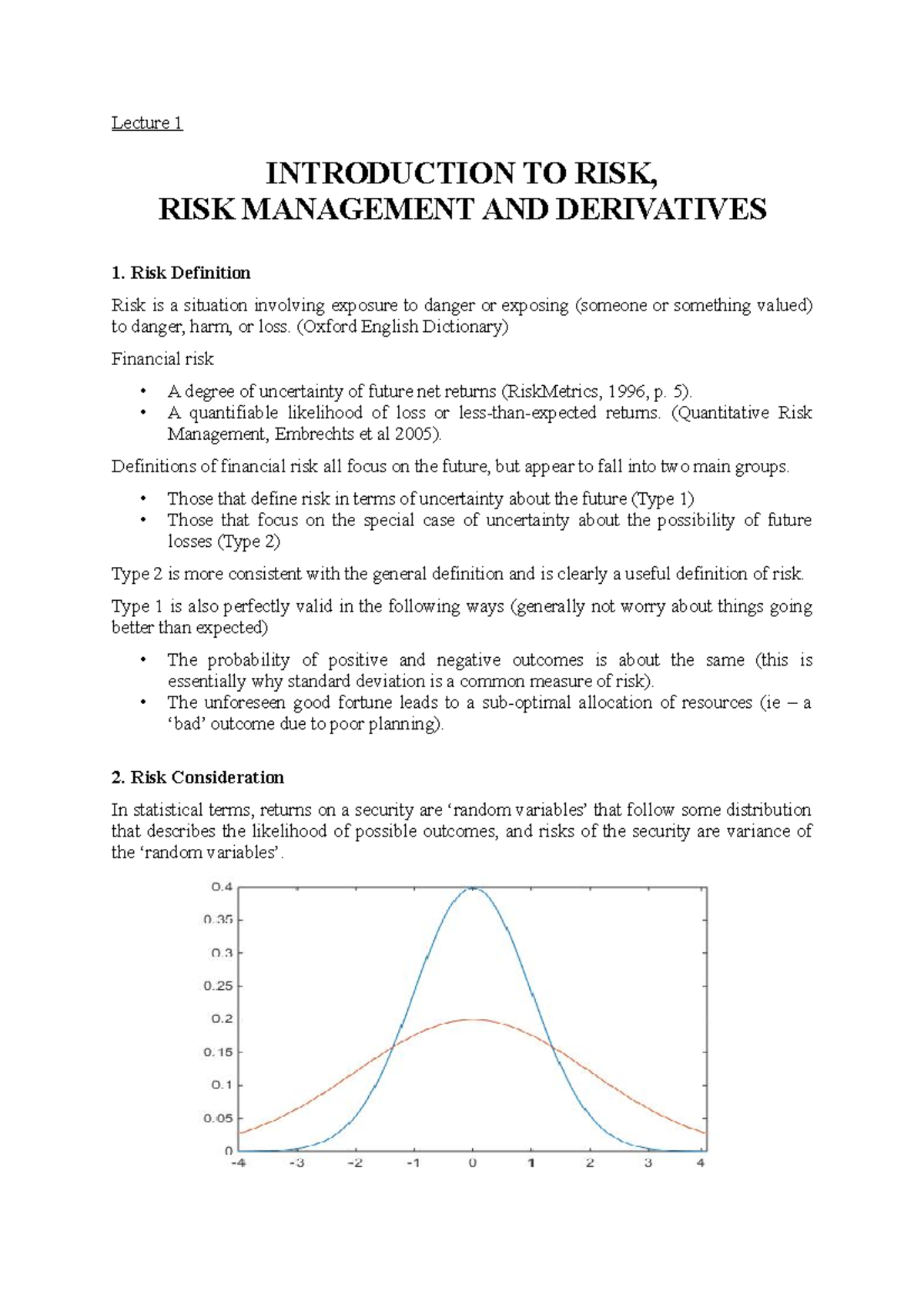 Lecture 1-4 - Lecture 1 INTRODUCTION TO RISK, RISK MANAGEMENT AND ...