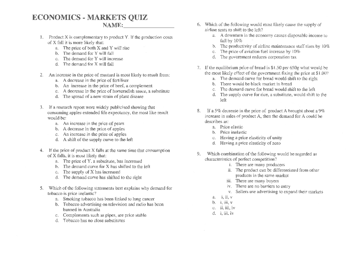 Markets quiz - Questions and Answers - ECONOMICS MARKETS QUIZ NAME: 6 ...
