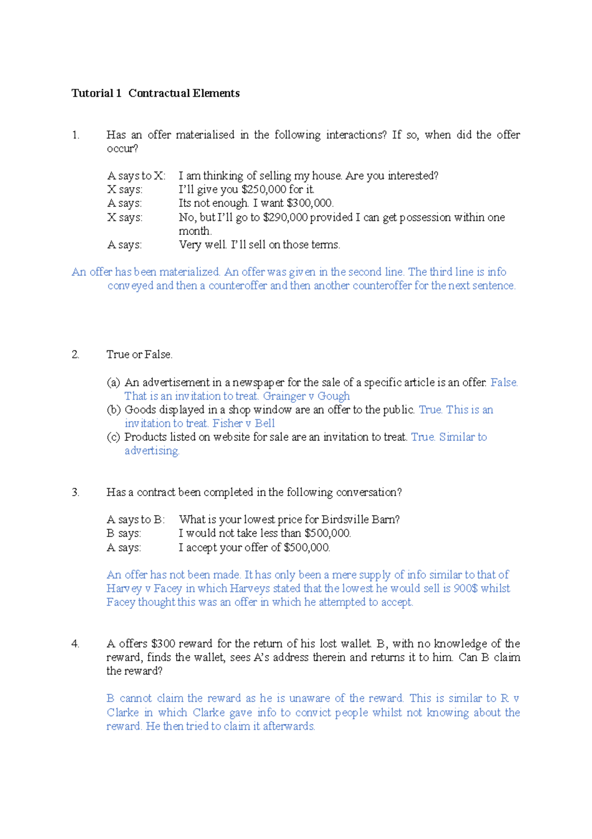 Tutorial 1 Contractual Elements - Tutorial 1 Contractual Elements Has an offer materialised in ...