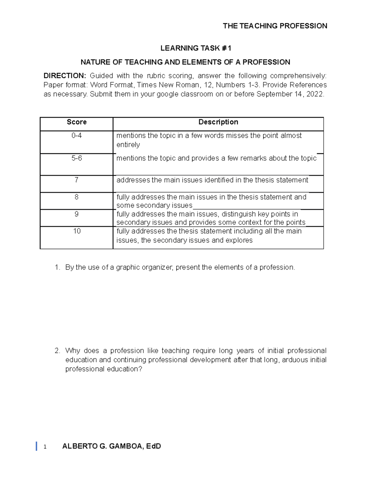 1. Nature of Teaching and Elements of a Profession - LEARNING TASK # 1 ...