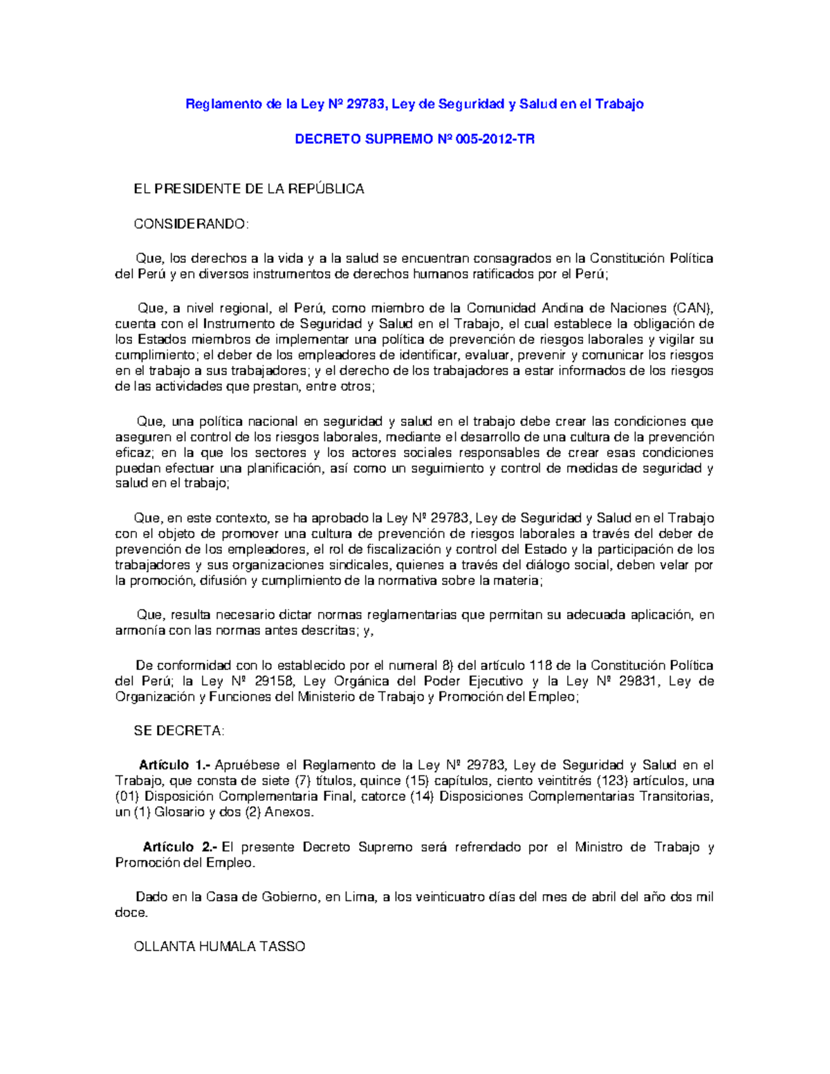 DS-005-2012-TR Reglamento de LSST - Reglamento de la Ley Nº 29783, Ley de Seguridad y Salud en ...