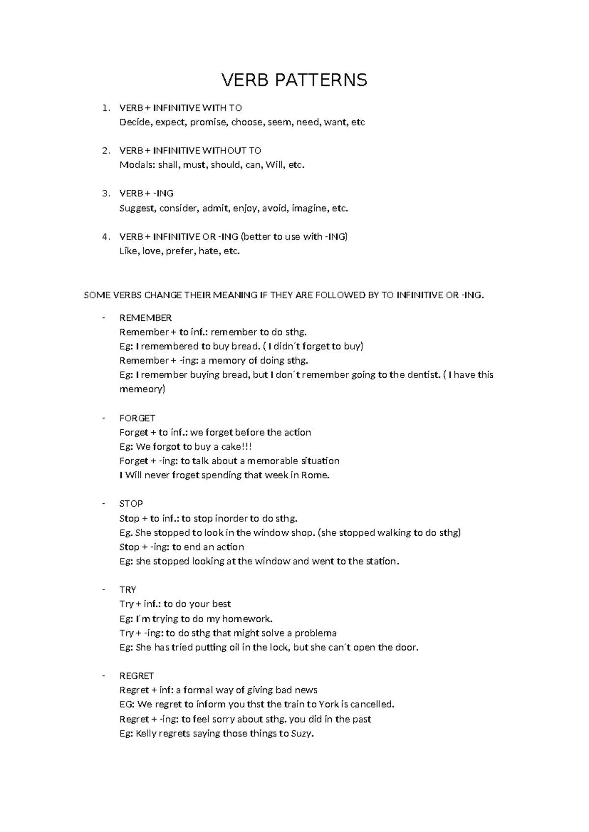 VERB Patterns - Resumen Inglés I - VERB PATTERNS 1. VERB + INFINITIVE ...
