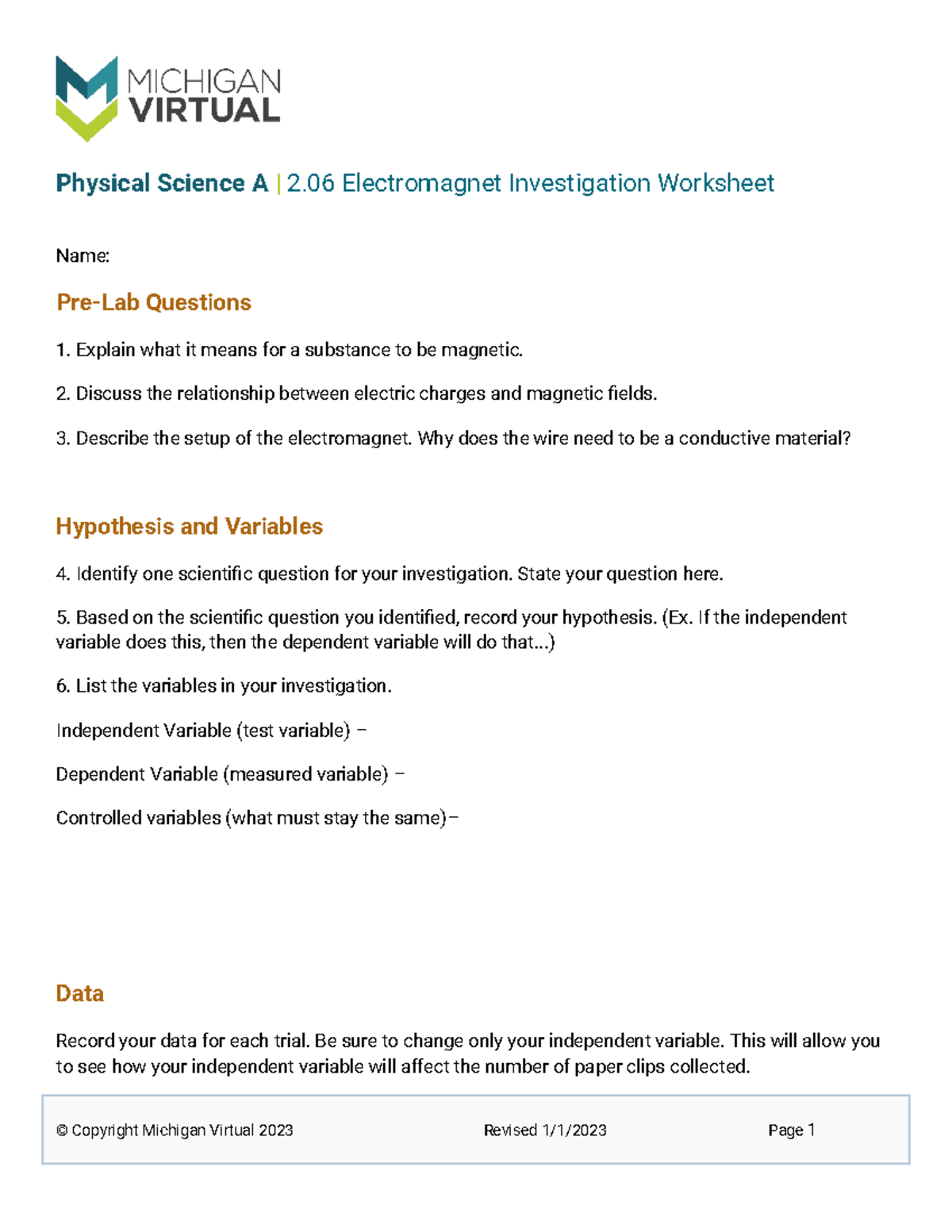 2.06 Electromagnet Investigation Worksheet - Physical Science A | 2 ...