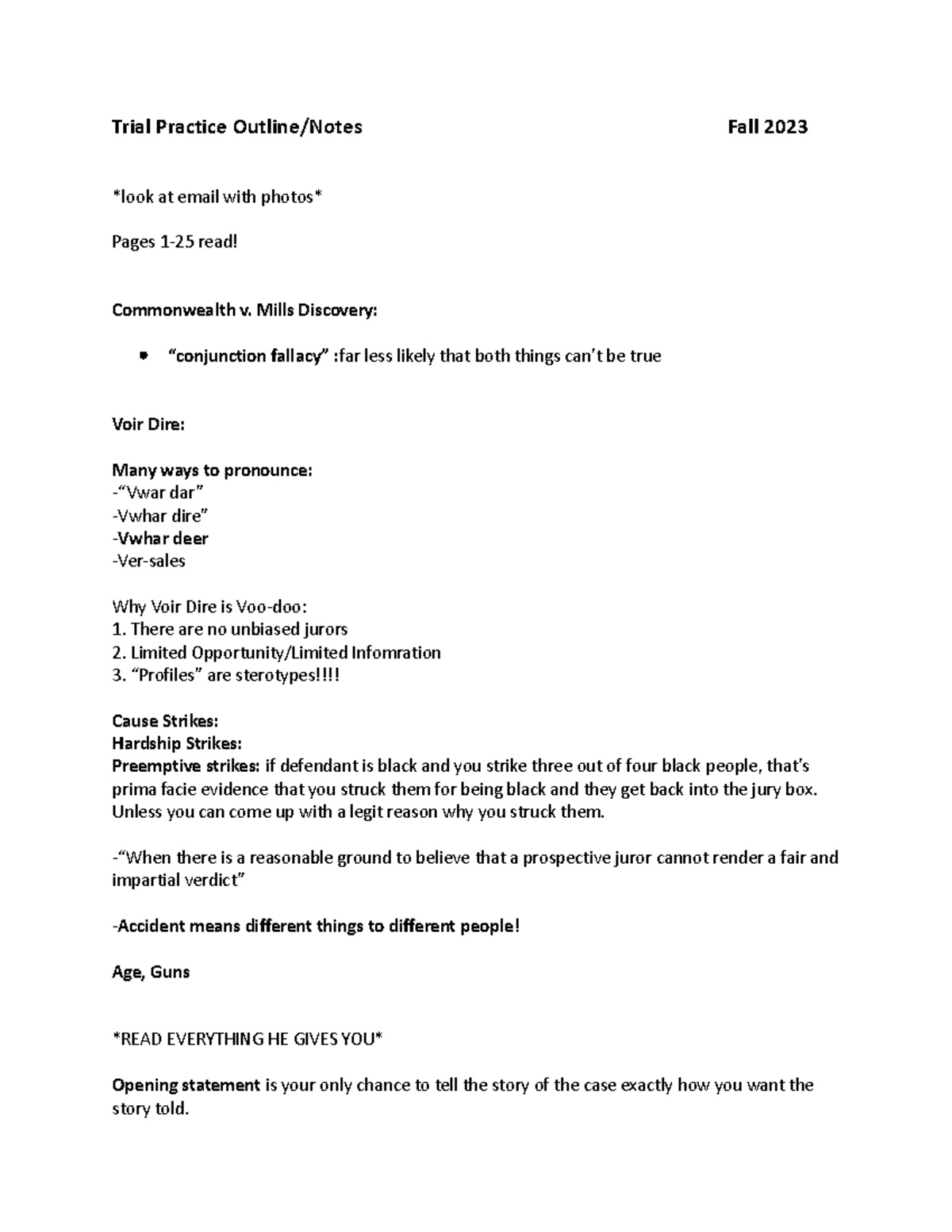 Trial Practice Outline - Trial Practice Outline/Notes Fall 2023 look at ...