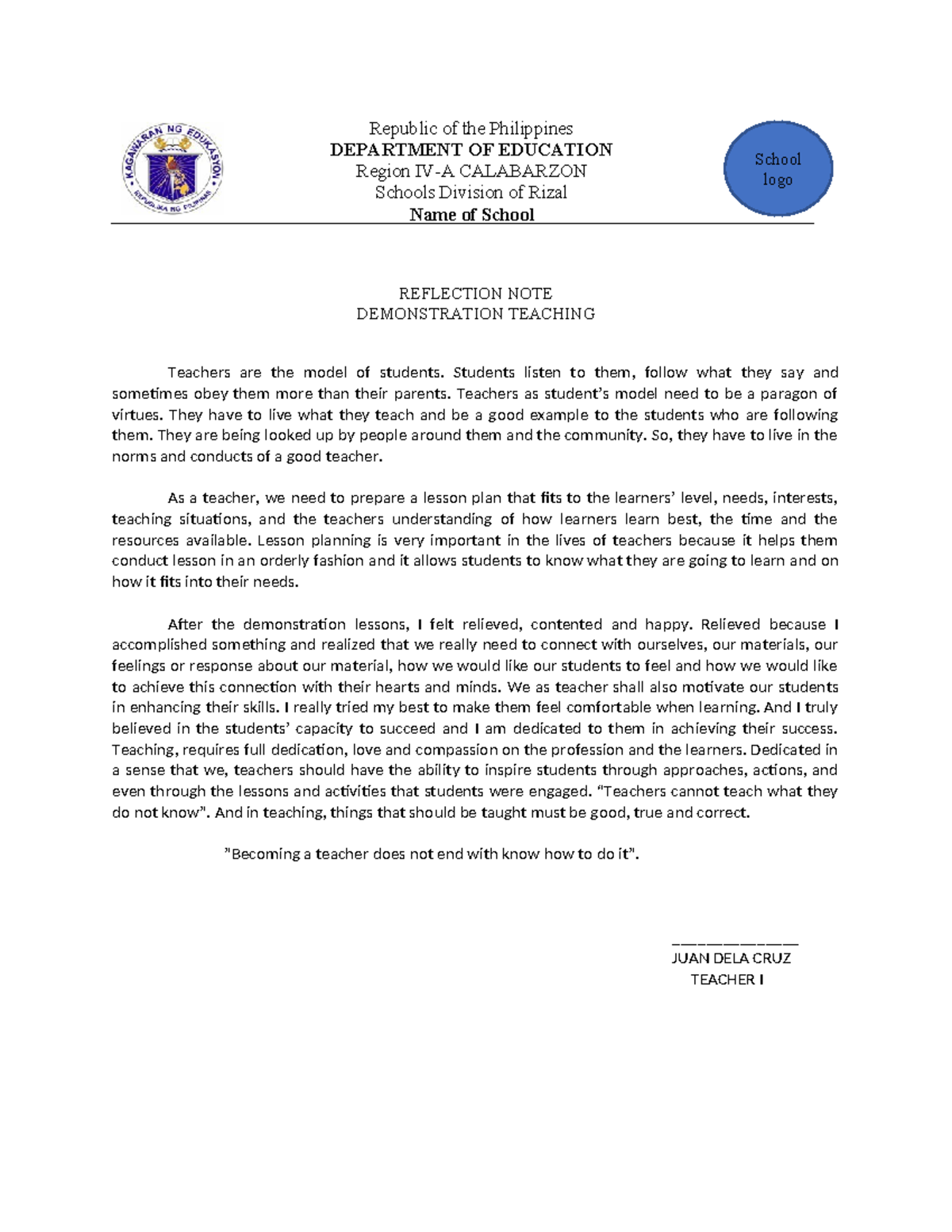 Reflection NOTE - Republic of the Philippines DEPARTMENT OF EDUCATION ...