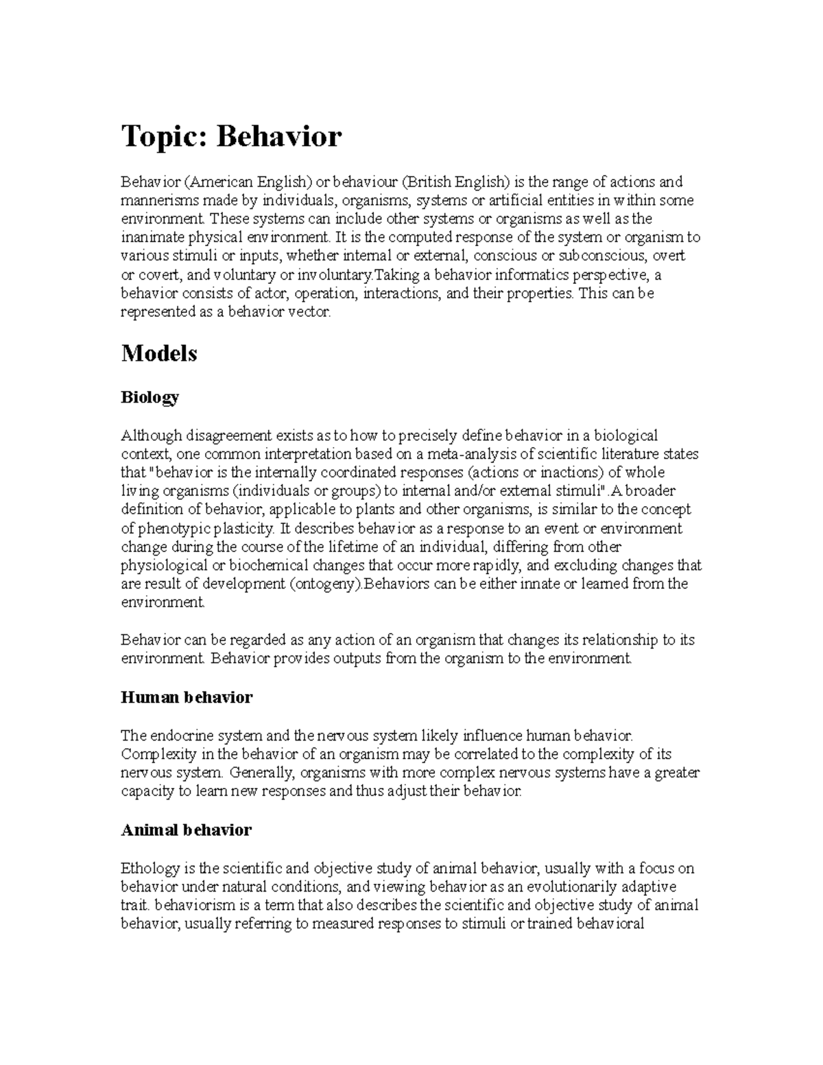 Behavior - Topic: Behavior Behavior (American English) or behaviour ...