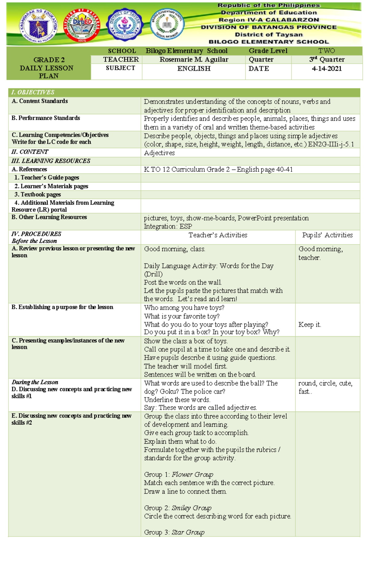 3 English 2 - GRADE 2 DAILY LESSON PLAN SCHOOL Bilogo Elementary School ...