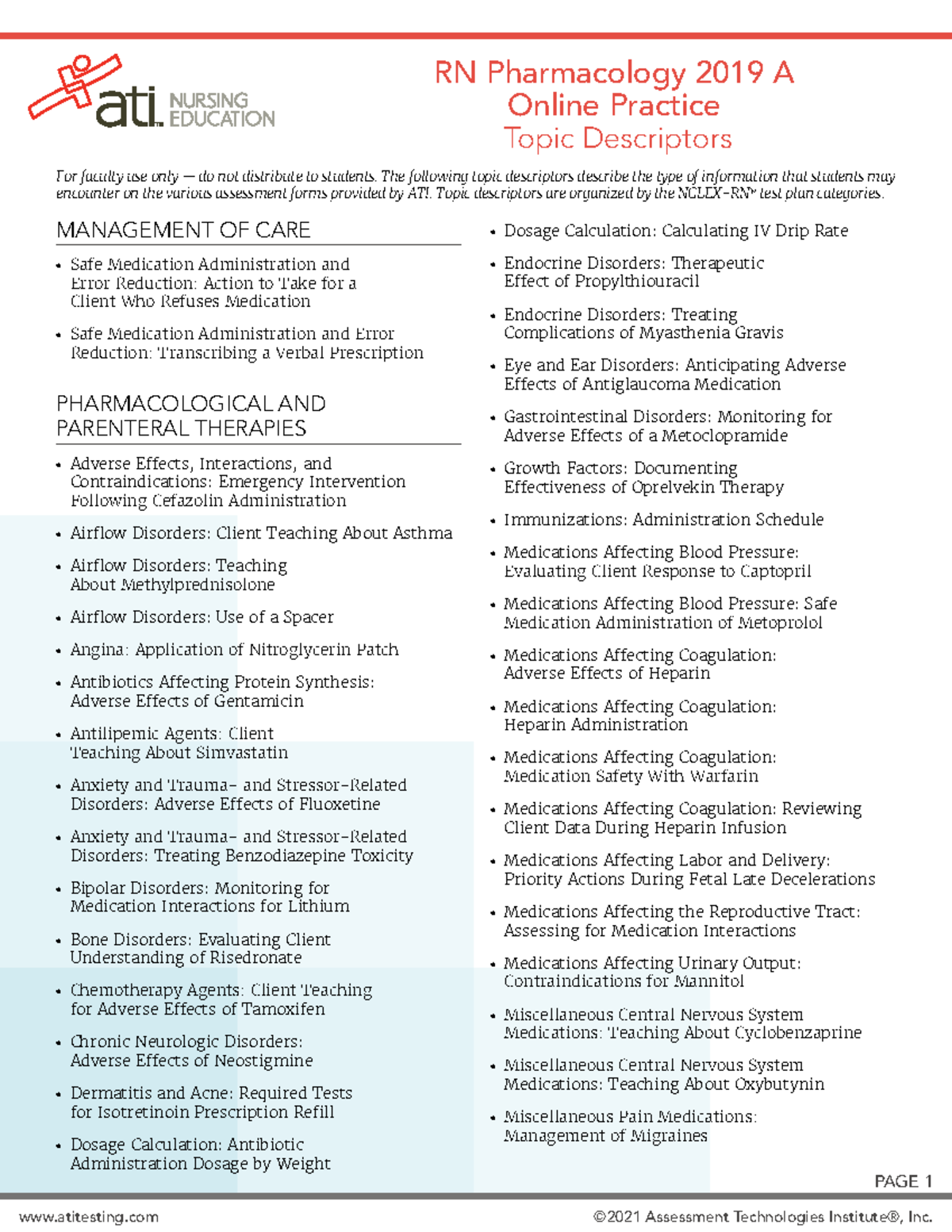 ATI Pharm Topic Descriptors - PAGE 1 RN Pharmacology 2019 A Online ...