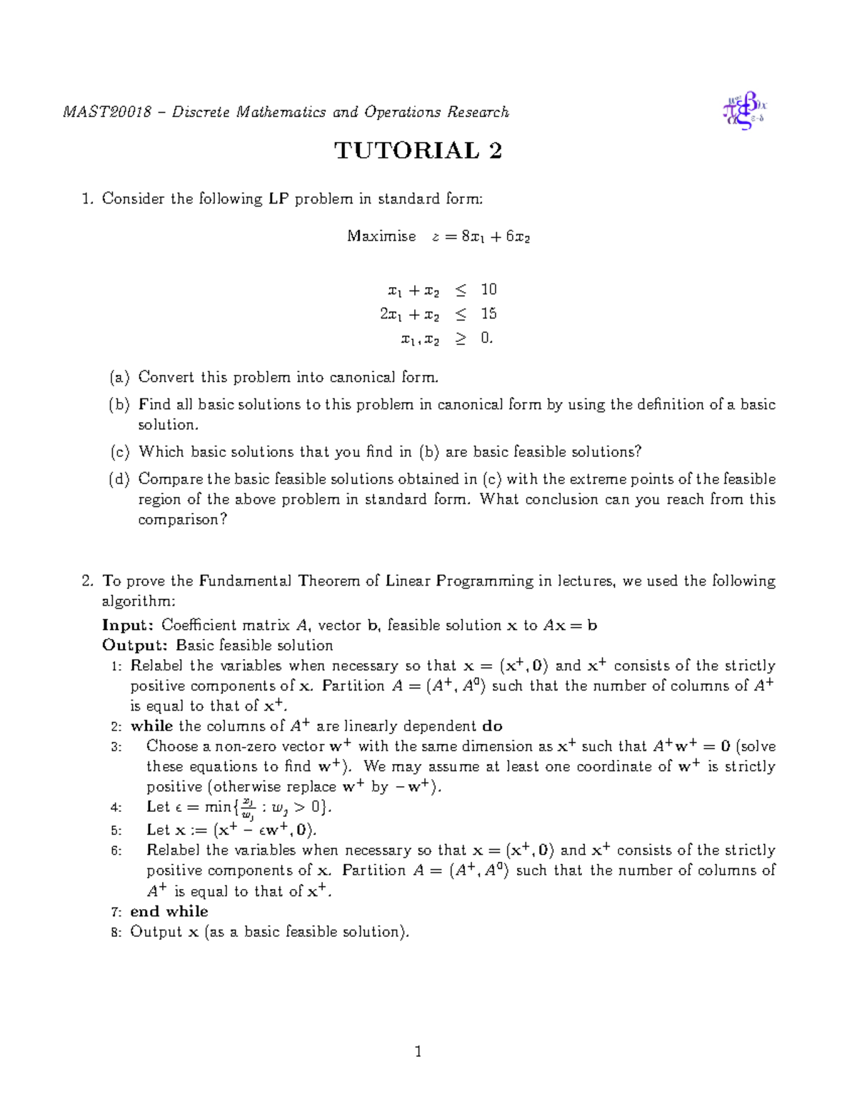 20018 week3 tutorial - MAST20018 – Discrete Mathematics and Operations Research TUTORIAL 2 ...