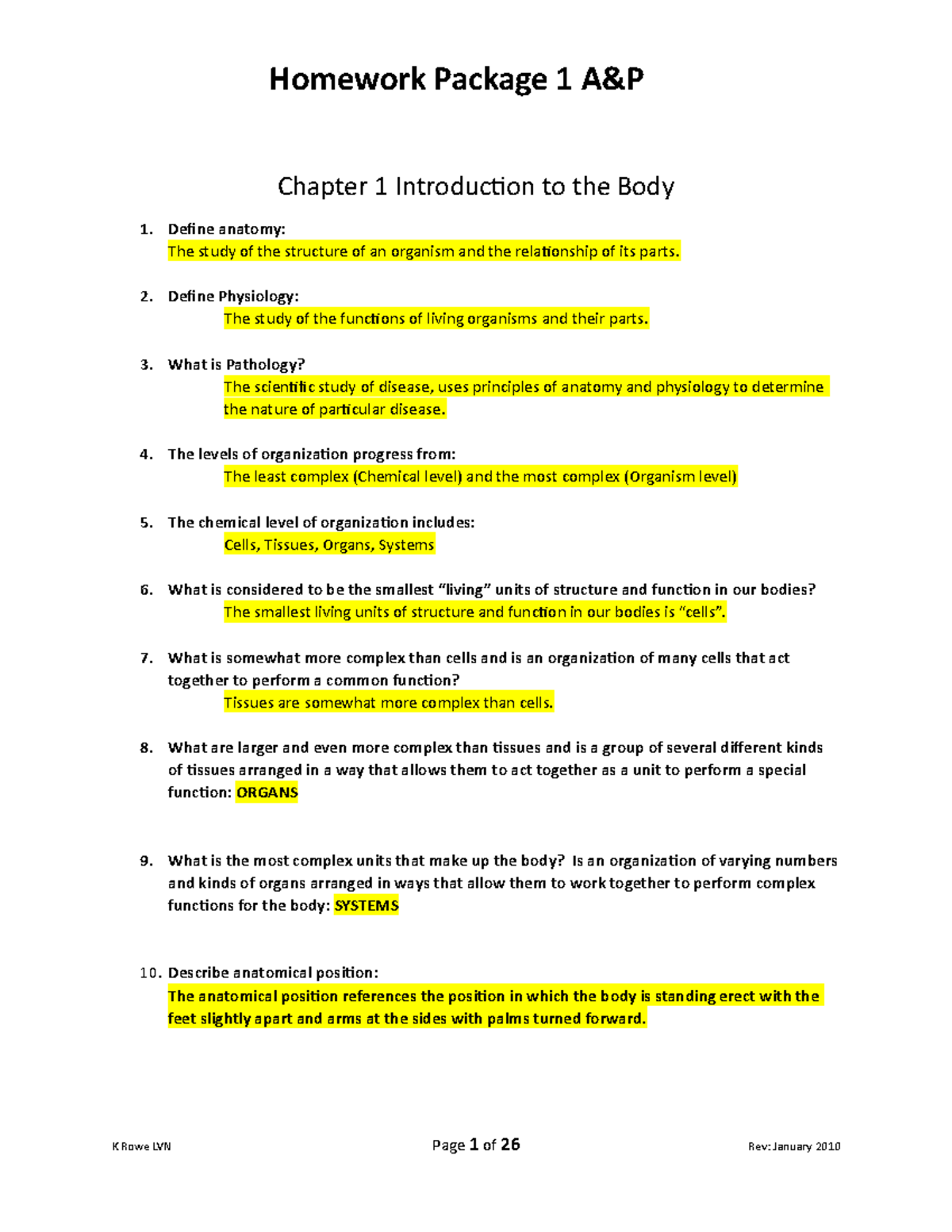 Homework Package 1 CH 1 2 Chapter 1 Introduction To The Body Define 