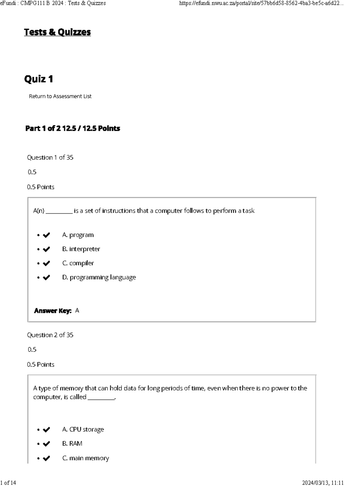 CMPG111 (Quiz 1) Introduction to Computing and Programming (ENGLISH) - Return to Assessment List ...