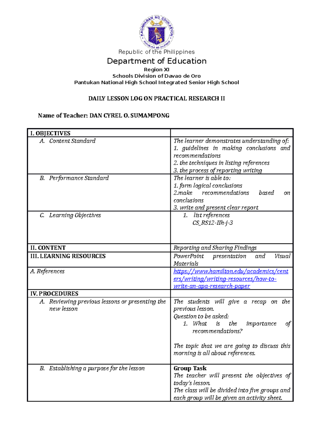 DLP - Practical Research - Republic of the Philippines Department of ...