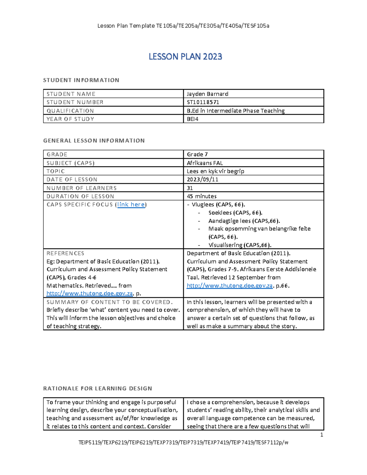 Afrikaans FAL Lesson - 1 LESSON PLAN 2023 STUDENT INFORMATION STUDENT ...