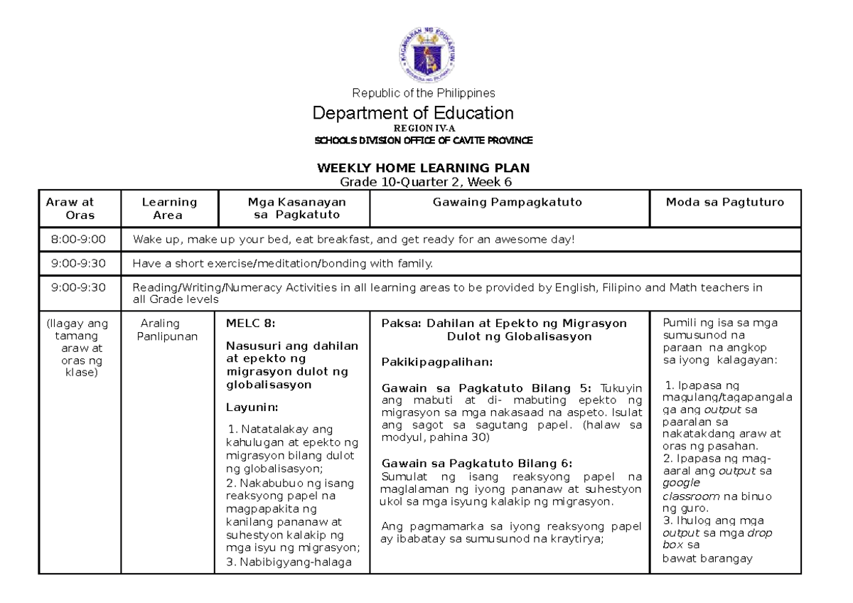 AP10 WHLP Q2 W6 - Republic of the Philippines Department of Education REGION IV-A SCHOOLS ...