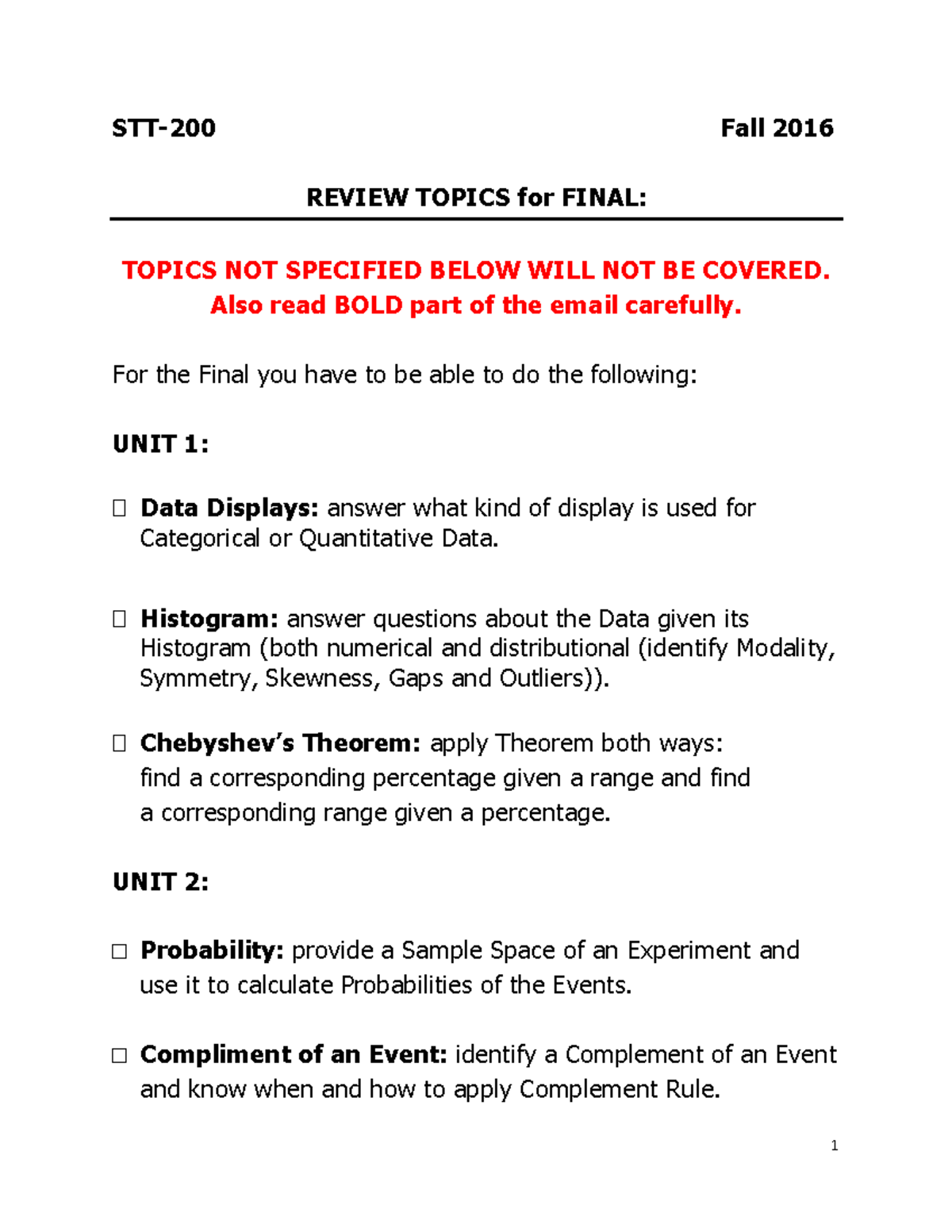 STT 200 Final Review Topics - 1 STT-200 Fall 2016 REVIEW TOPICS for ...