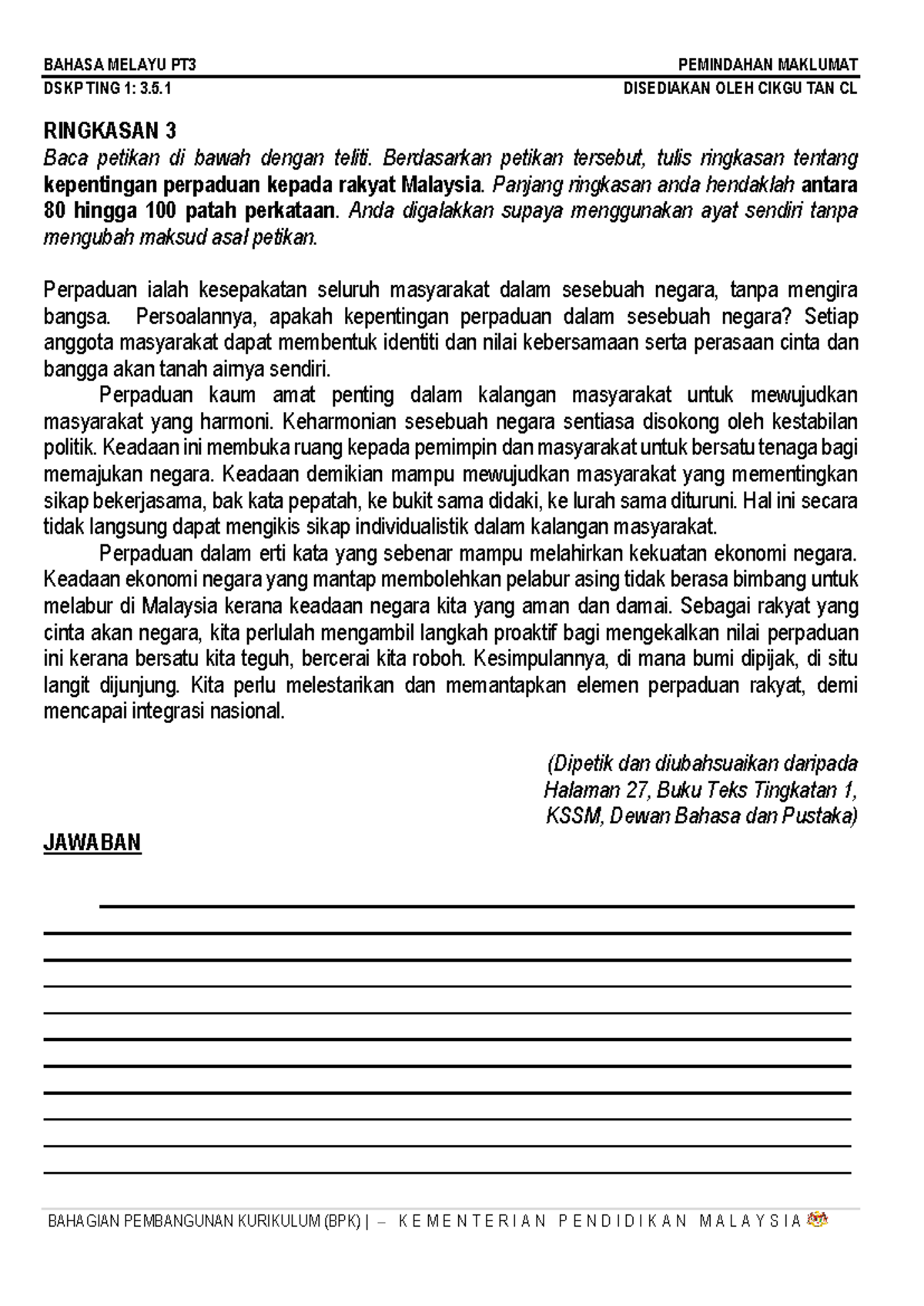 ( Edisi Murid) (TING 1) SET 3 - Latihan Ringkasan PKP - BAHASA MELAYU ...