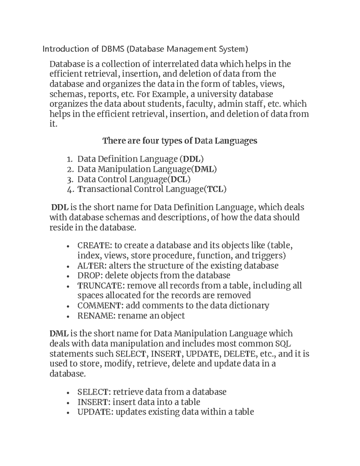 Database Languages Introduction Of Dbms Database Management System Database Is A Collection 2495