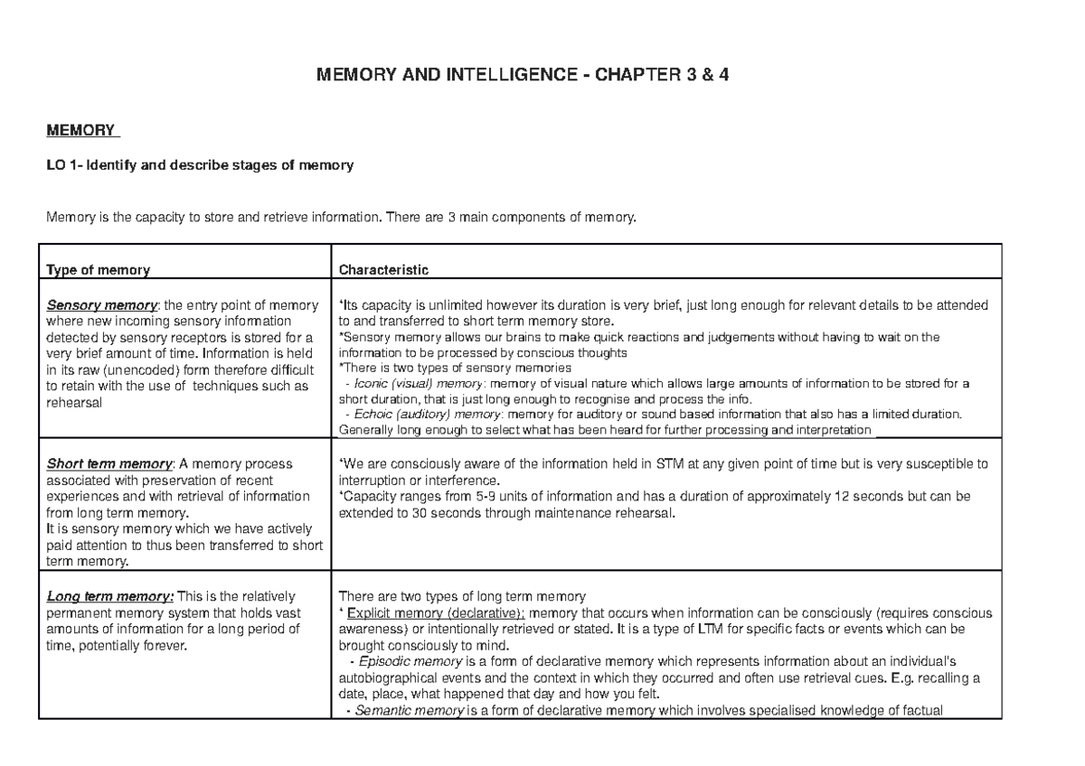 Memory AND Intelligence - MEMORY AND INTELLIGENCE CHAPTER 3 Identify ...