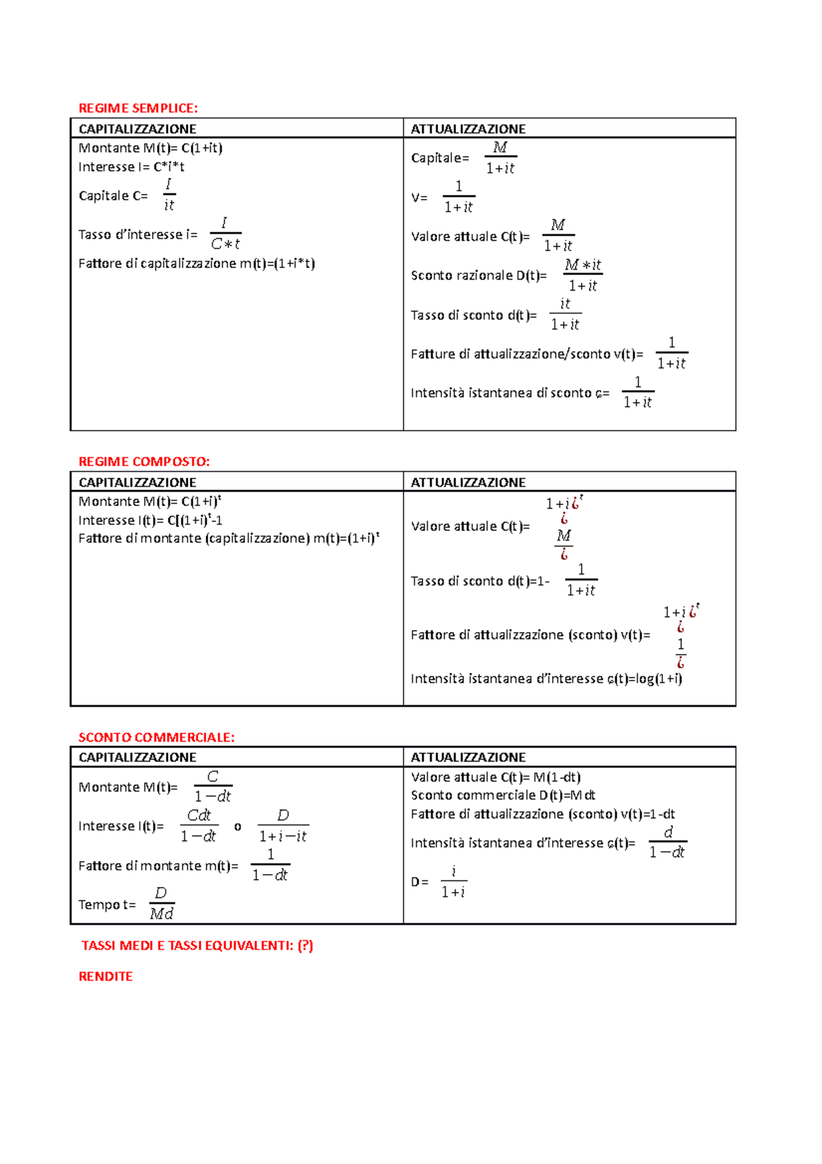 Formule matemetica finanziaria - REGIME SEMPLICE: CAPITALIZZAZIONE ...