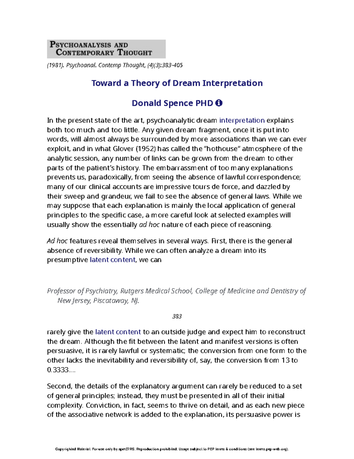 16-Spence - Toward a theory of dream interpretation - 20 - (1981 ...