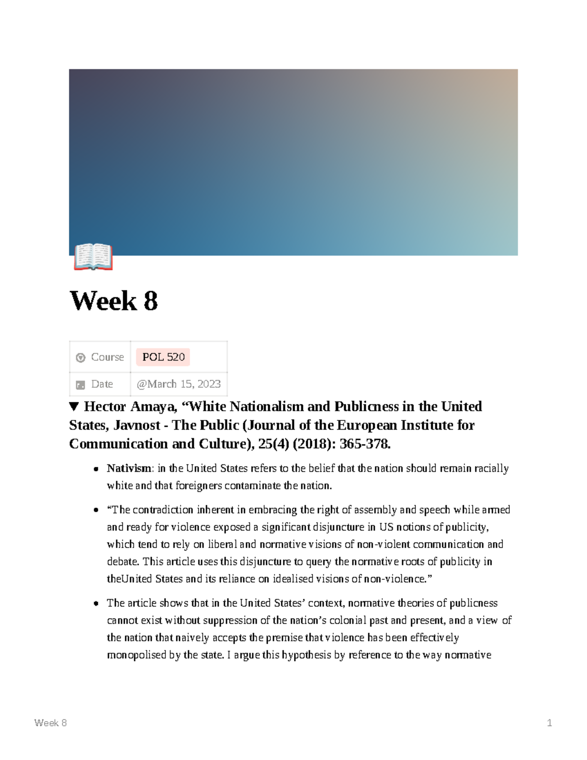 Ryerson TMU POL 540 Week 8 readings - Ä Week 8 Course POL 520 Date Hector Amaya, “White ...
