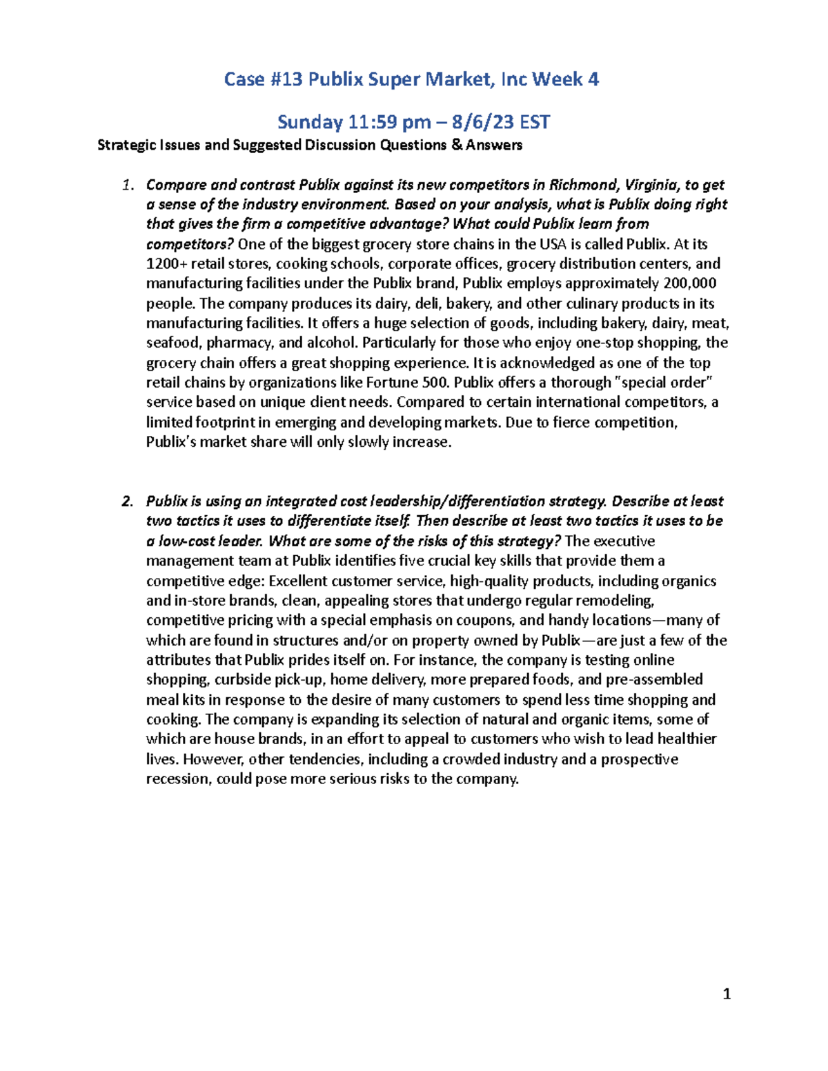 Case 13 Publix Vanessa Greene - Sunday 11:59 pm – 8/6/23 EST Strategic Issues and Suggested ...