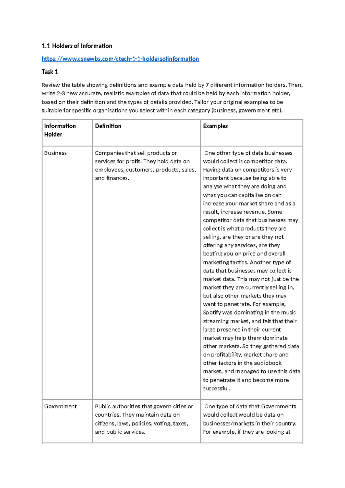 1.1 Information Holders Worksheet - 1 Holders of information csnewbs ...