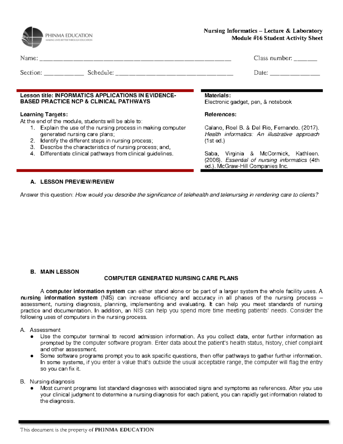 16 - nursing info - Module #16 Student Activity Sheet Name: - Studocu